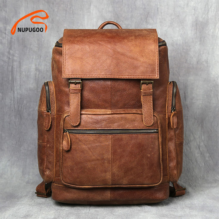 NUPUGOO Vintage Genuine Leather Backpack First Layer Cowhide Backpack ...