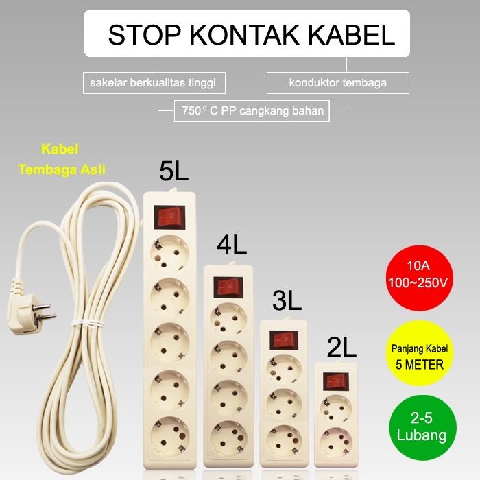 STOP KONTAK COLOKAN ON OFF KABEL 5 DAN 3 METER 2 3 4 5 LUBANG SNI TERMINAL COLOKAN 5 LUBANG ...