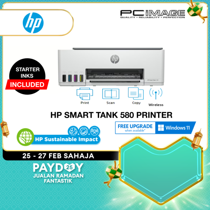 HP SMART TANK 580 A4 COLOR INKJET ALL-IN-ONE PRINTER PRINT/SCAN/COPY/WIFI/MOBILE FAX/BLUETOOTH/2 ...