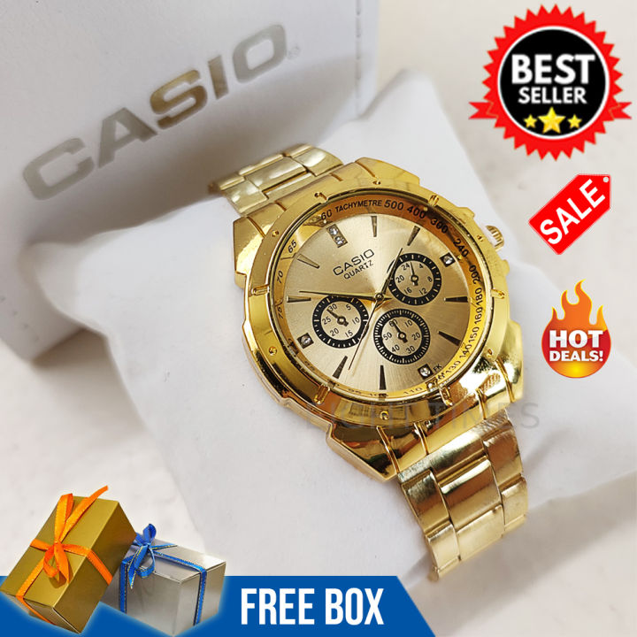 Casio AOT Quartz Movement Tri-Chronograph Stainless Steel All Gold ...
