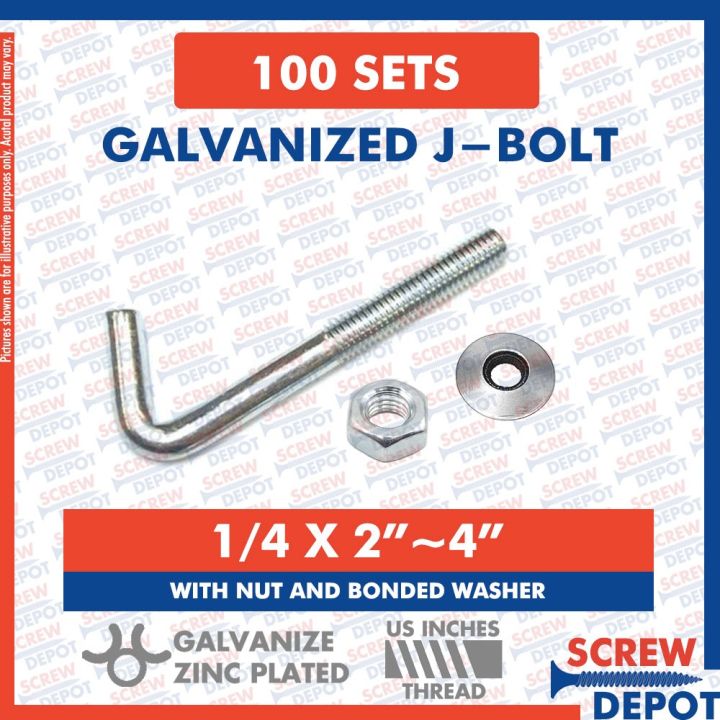 100PCS 1/4 x 2 ~ 4 inch GI Jbolt / J Bolt Galvanized / J-bolt Roofing nut, bonded washer Screw ...