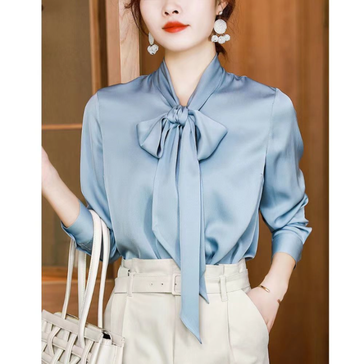 เสื้อมืออาชีพ MODE Korea ริบบิ้นเสื้อผูกโบว์ผู้หญิงไหมเทียมใหม่เสื้อ ...