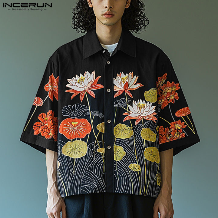 INCERUN Shirts For Men Vintage Baggy Short Sleeve Floral Print Button ...