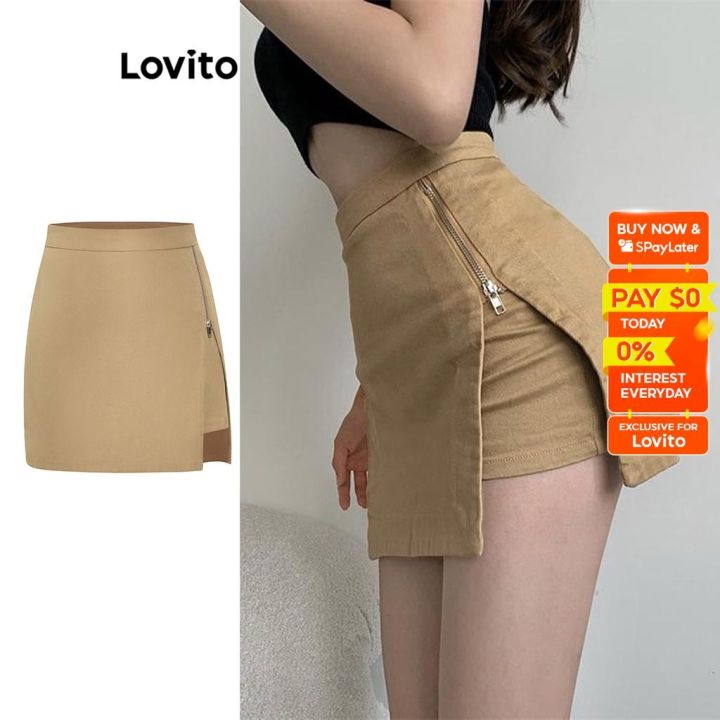 Lovito Women Zipper Split Shorts L59ED161 (Khaki) x827 | Lazada PH