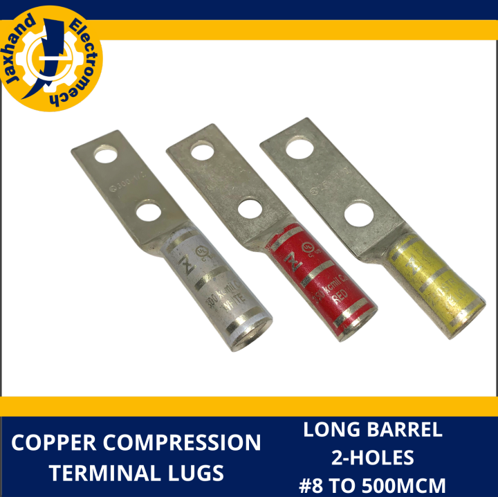 Copper Compression Terminal Lugs Long Barrel, 2-Holes, AWG #6 to 500MCM ...