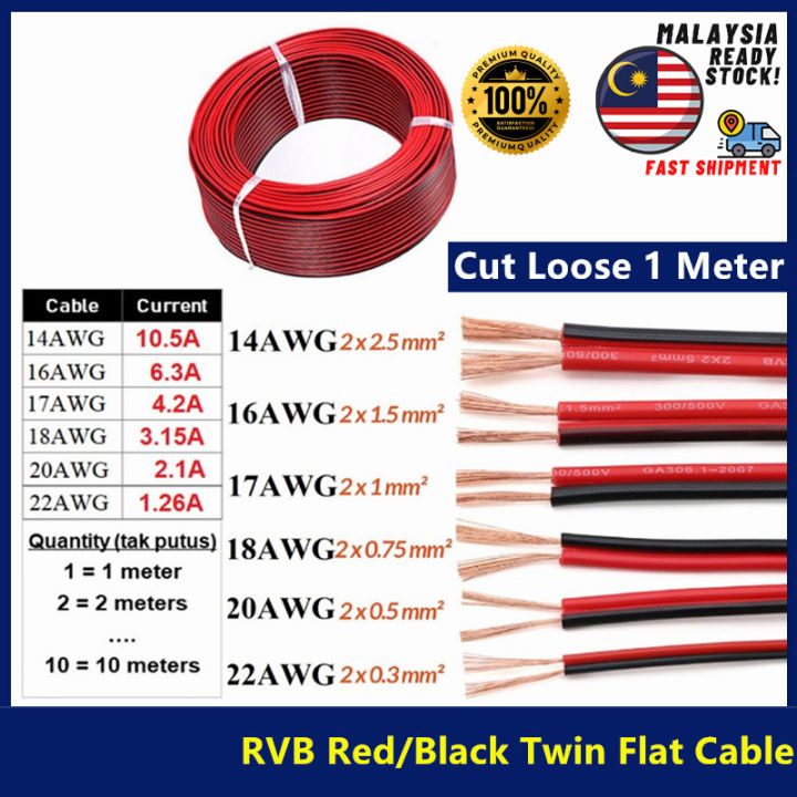 [1 Meter] Red Black Twin Flat Cable 22AWG 20AWG 18AWG 17AWG 16AWG 14AWG ...