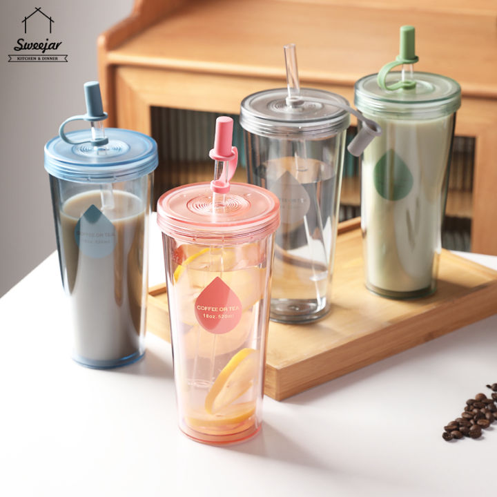 SWEEJAR Cốc Hai Lớp Kèm Ống Hút Cốc Sữa Di Động Cấp Thực Phẩm Cách Nhiệt Lạnh 520ML | Lazada.vn