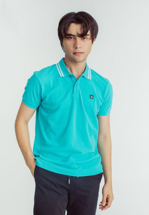 Mossimo Sebastian Teal Classic Stripes Polo with Woven Patch Embroidery ...