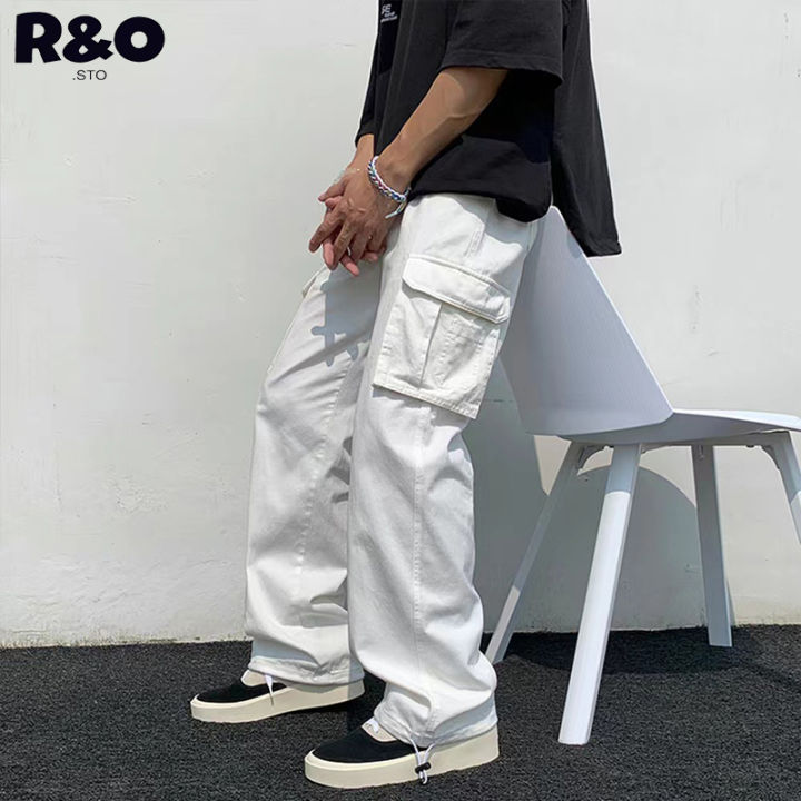 ☆COD☆ Cargo pants for men white loose wide leg pants korean straight ...