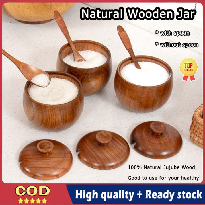Natural Wooden Salt Cellar Box Spice Jar Sugar Bowl Pepper Box Salt Seasoning Container Storage ...