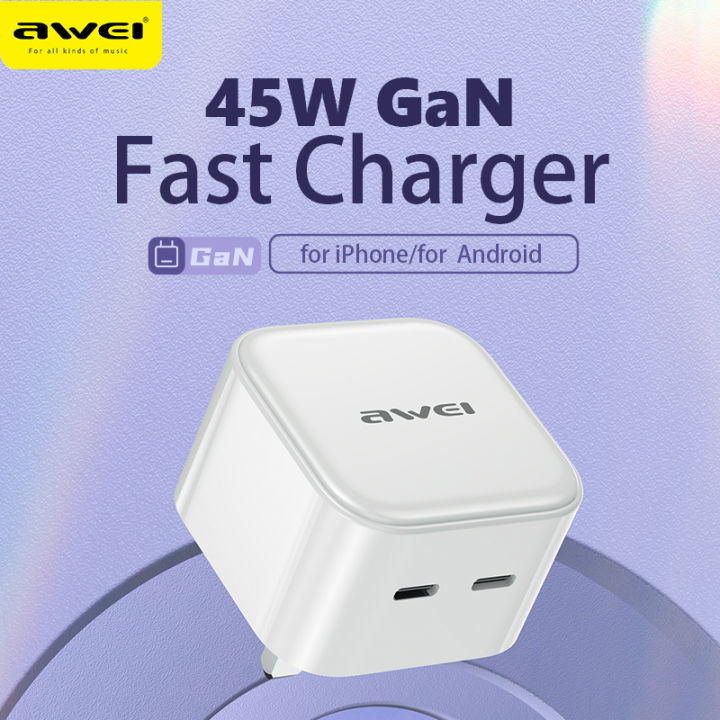 Awei PD45 45W UK Wall GaN Charger PD Fast Charger 2 ports Type-C Power Adapter Compatible Fast ...