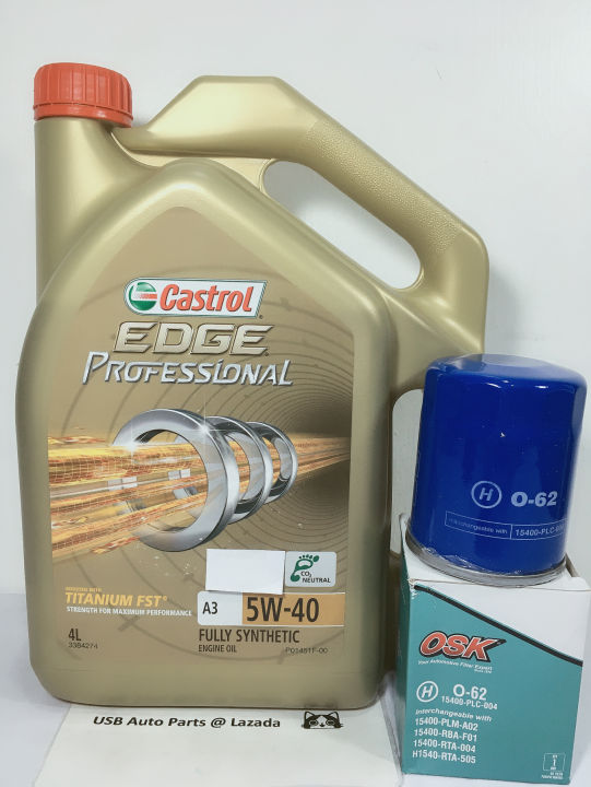 CASTROL 5W-40 FULLY SYNTHETIC ENGINE OIL 4LITER AND OSK OIL FILTER O-62 ...