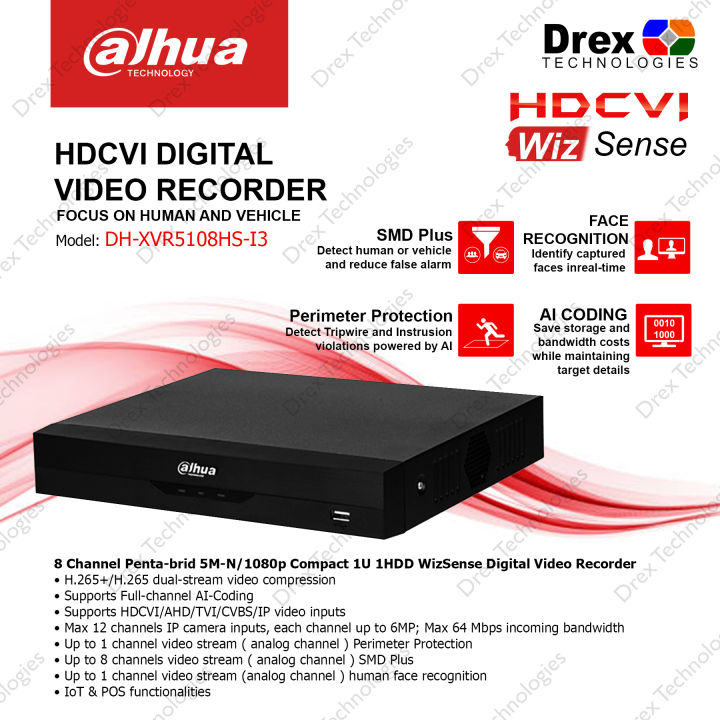 DAHUA DH-XVR5108HS-I3 WIZ SENSE HDCVI DIGITAL VIDEO RECORDER 8CHANNEL 5MP | Lazada PH