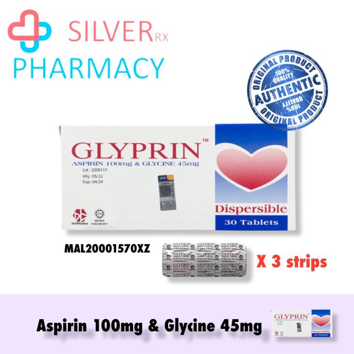 [Exp 03/2025] Glyprin Aspirin 100mg & Glycine 45mg [30 tablets] | Lazada