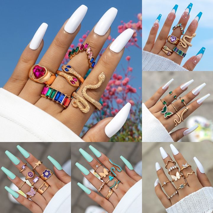 Colorful Crystal Snake Shape Ring Set For Women Fashion Butterfly Heart ...