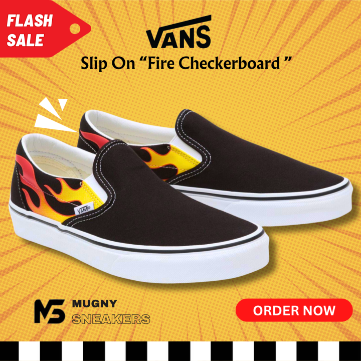 Vans slip on checkerboard fire รองเท้าผ้าใบแวนส์ รองเท้าสลิปออน ...