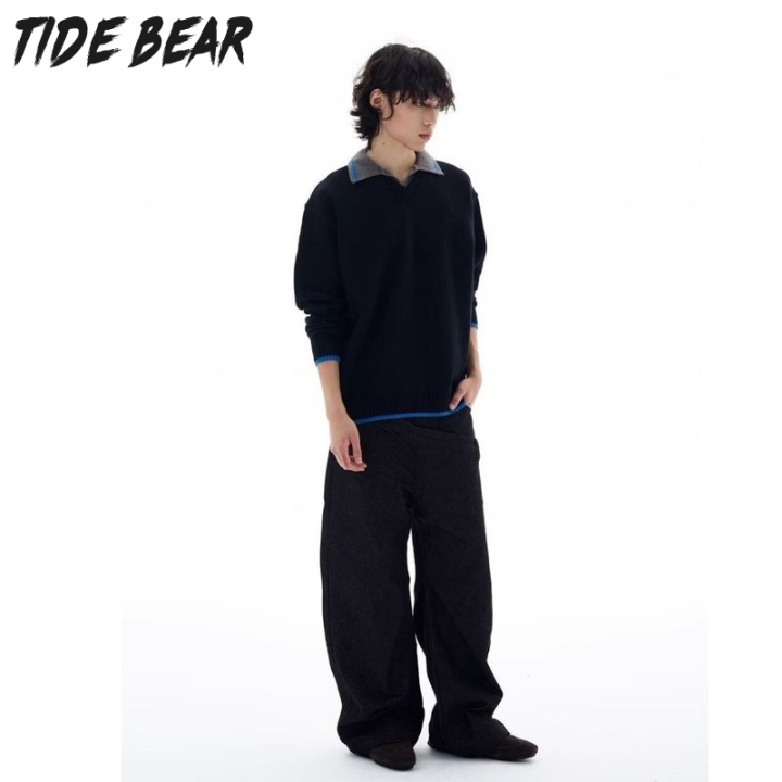 TIDE BEAR เสื้อสเวตเตอร์ผู้ชายแบบสองชิ้นปลอม สำหรับฤดูใบไม้ผลิและฤดู ...
