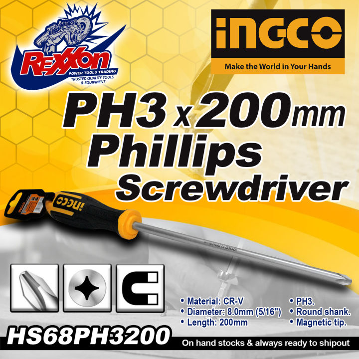 INGCO INDUSTRIAL PH3x200mm Phillips Screwdriver HS68PH3200 Rexxon Power ...