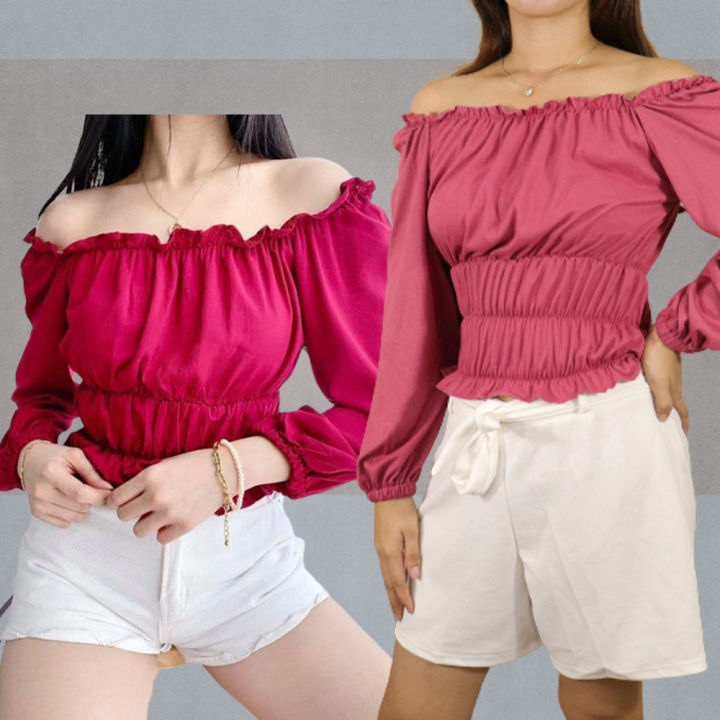 SASA Two Way Off Shoulder Long Sleeve Puff Garterized Blouse Top DENISE ...