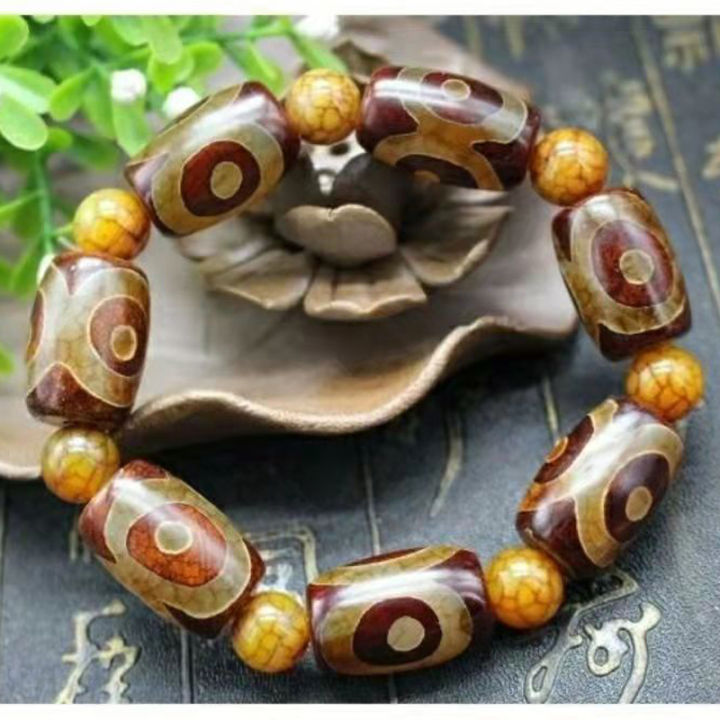 Tibet Three eyes heavenly bead bracelet dragon pattern beads old green agate ovals beads ...