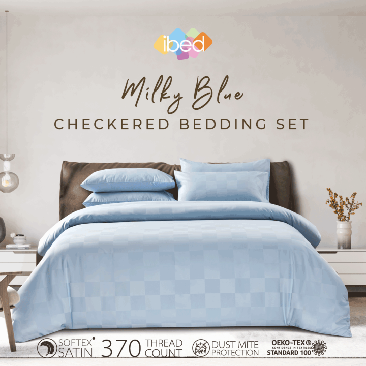 ibed ชุดผ้าปูที่นอนครบเซ็ท Softex Satin (ลายตาราง) Milky Blue 3.5 ฟุต,5 ฟุต,6 ฟุต - CHECKERED ...
