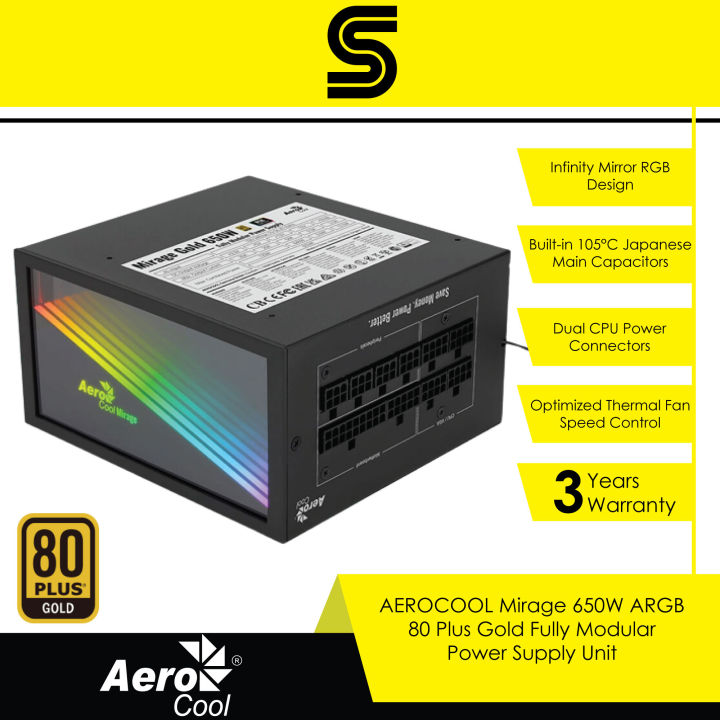 AEROCOOL Mirage 650W ARGB 80 Plus Gold Fully Modular Power Supply Unit | Lazada