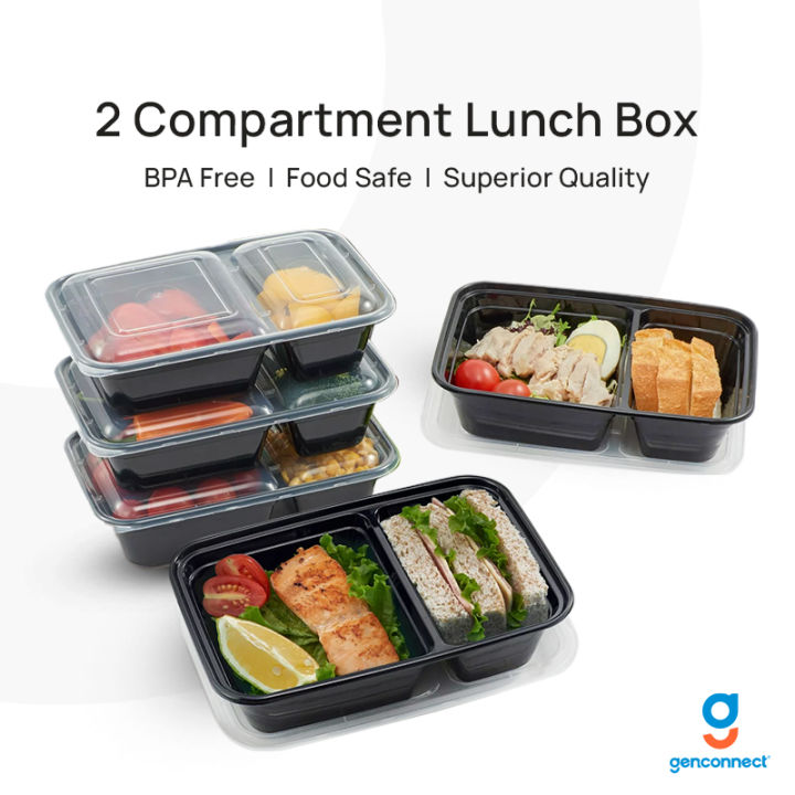 Disposable Plastic Bento Box 2 Compartment Rectangular Lunch Box with ...