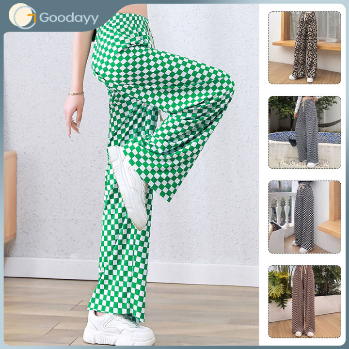 Checkerboard Wide Leg Pants Women's High Waist Casual Straight Ice Silk ...