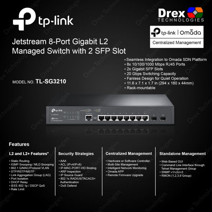 TP-LINK TL-SG3210 Jetstream 8-Port Gigabit L2+ Managed Switch with 2 ...