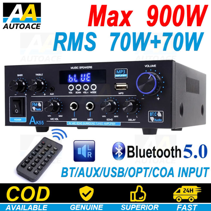 900W Karaoke Amplifier 12V/220V FM SD 2CH HiFi bluetooth Stereo Audio ...