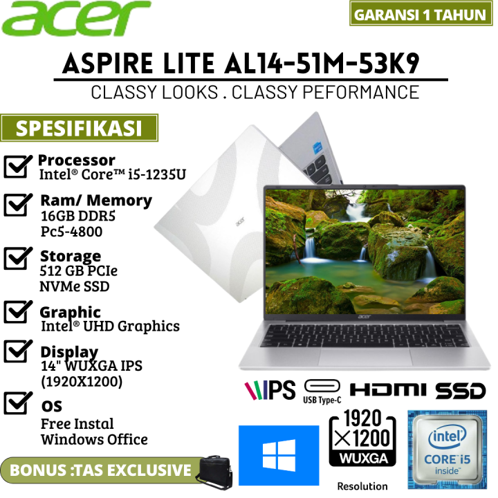 LAPTOP MULTITASKING ACER ASPIRE LITE AL14 CORE i5-1235U RAM 16GB SSD ...