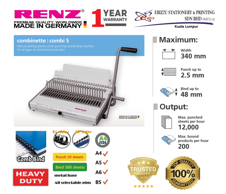 RENZ Manual Heavy Duty Comb Binder Combi S - 480 sheets (MADE IN ...