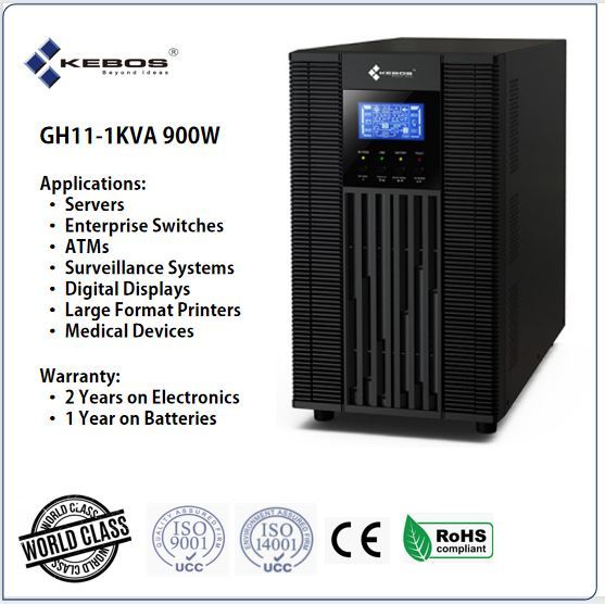 KEBOS GH11 1KVA 900W Online Double Conversion Tower UPS - 0.9PF Pure Sine Wave Uninterruptible ...