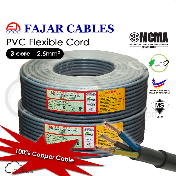 FAJAR 3 Core 2.5 mm PVC Flexible Cable PER METER 100% Pure Copper 3core ...