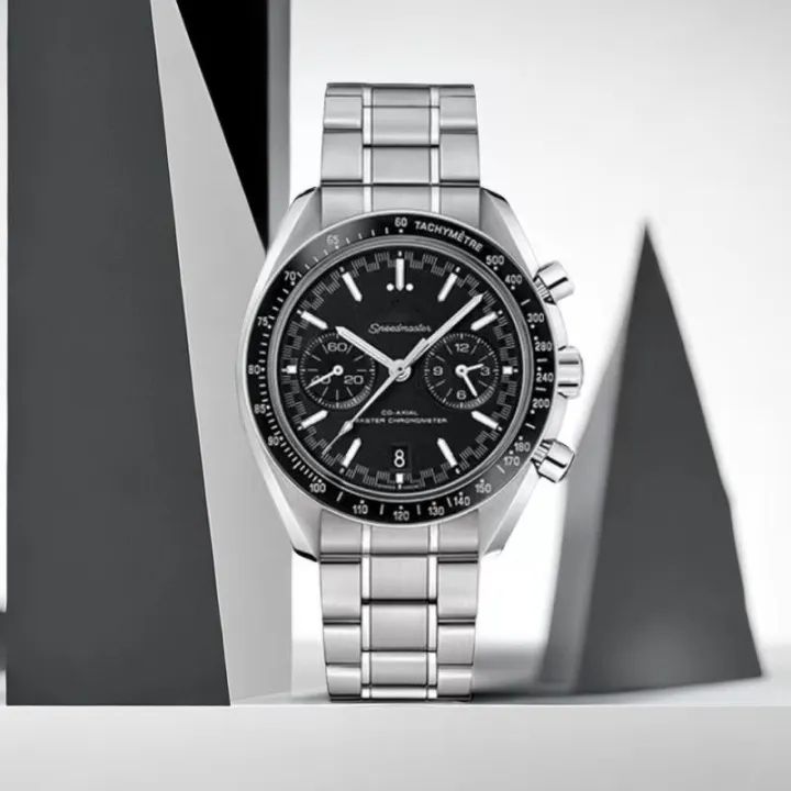 OMG (ซีรีส์ Speedmaster) มูนเฟสโครโนกราฟ สายพานเหล็กจานดำ นาฬิกาผู้ชาย ...
