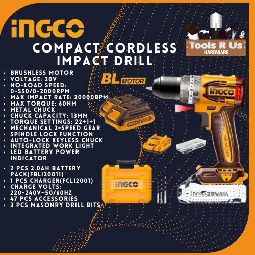 INGCO COMPACT CORDLESS IMPACT DRILL CIDLI20602 | POWER TOOLS ...