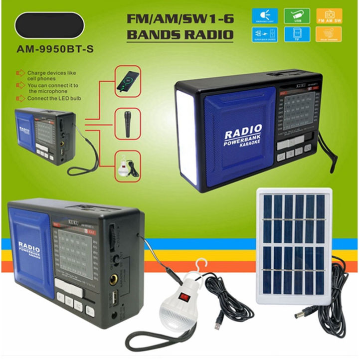 AM-9950BT-S FM/AM/SW1-6 8 Band Radio Antenna Portable Rechargeable USB Bluetooth Speaker TF MP3 ...