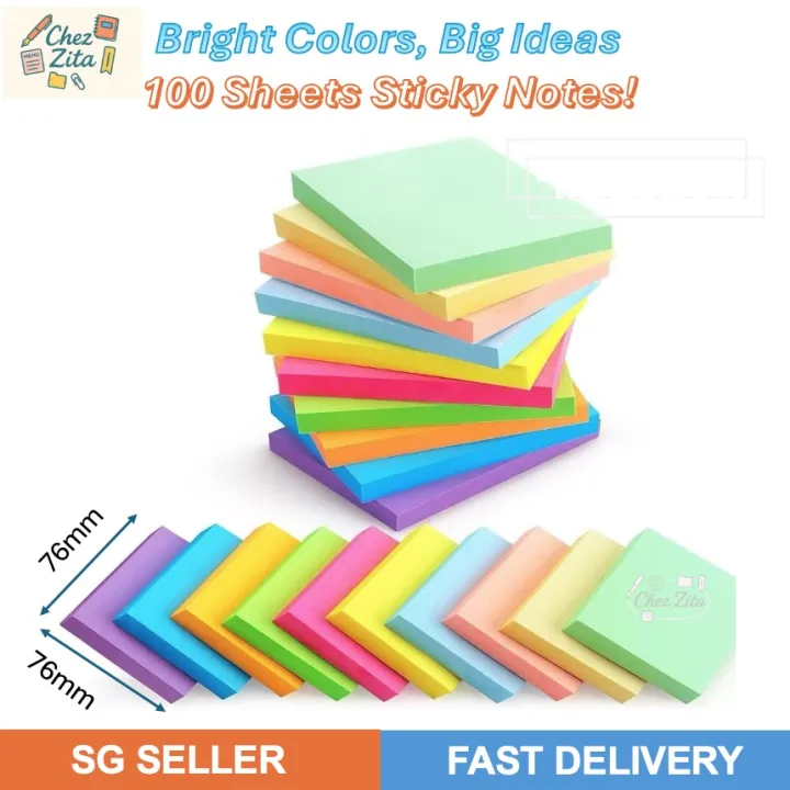 【📣SG Seller】100 Sheets 76mm Square Sticky Notes Colorful Memo Pads for ...