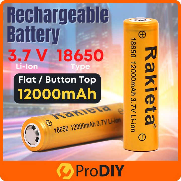 RAKIETA 18650 3.7V Flat Top / Button Top Rechargeable Battery 12000mAh ...