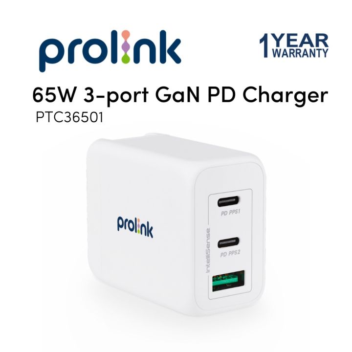 PROLiNK PTC36501 65W 3-port GaN PPS PD Charger with Intellisense/for ...