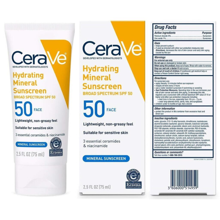 Cera Ve Hydrating Mineral Sunscreen SPF50 Face Lotion 75ml | Lazada