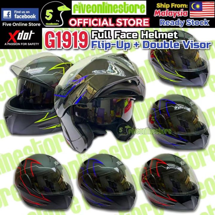 XDOT Flip Up Full Face Helmet with Double Visor Lens G1919 L XL ...