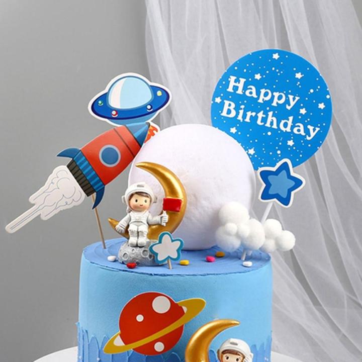 PENSEU Baby Shower Cartoon Planet Outer Space Astronaut Spaceship Theme Cake Flags Cupcake ...