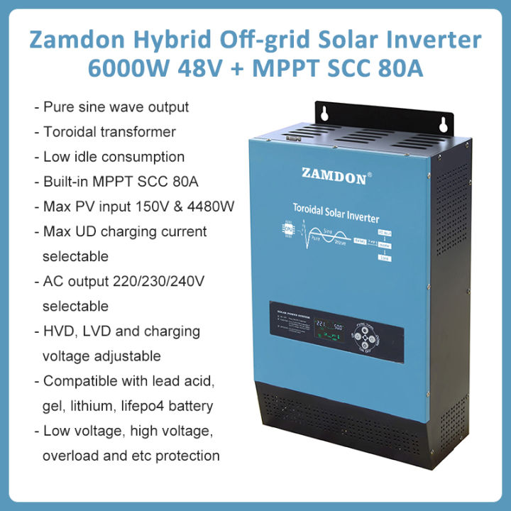 Zamdon Toroidal Hybrid Off-grid Solar Inverter 48V6000W with 80A MPPT ...