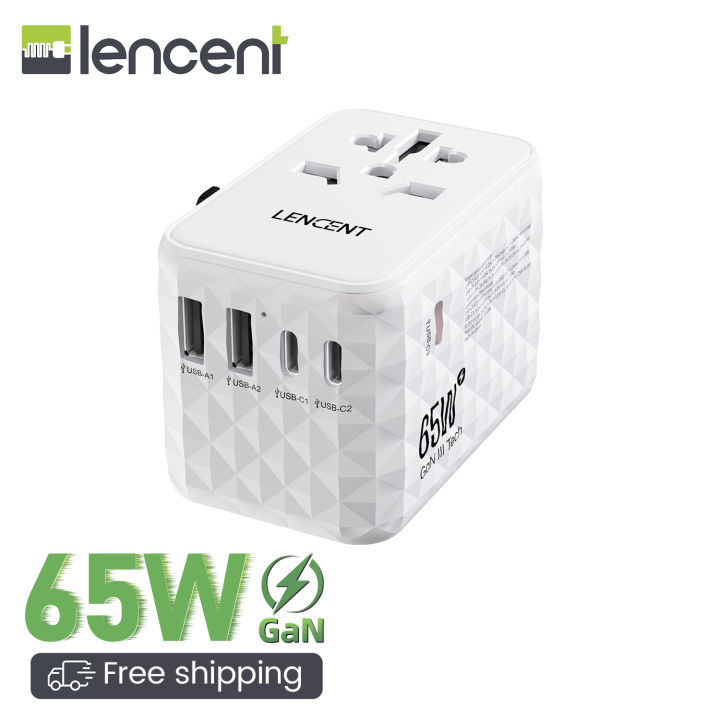 LENCENT 65W International Travel Adapter, GaN Universal Travel Adapter with 2 USB-A & 3 Type C ...