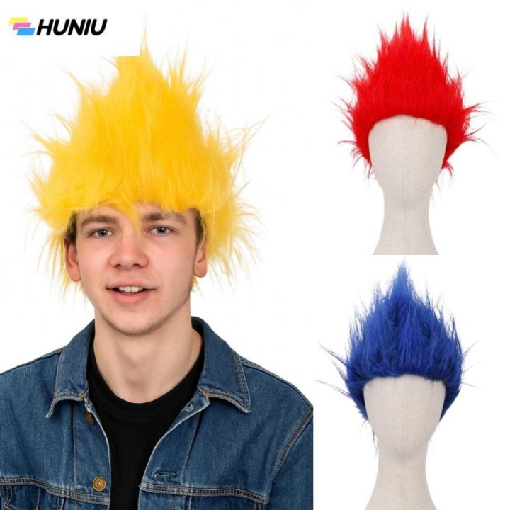 Anime Short Cosplay Wig Synthetic Red Blue Yellow Straight Layered Wigs ...