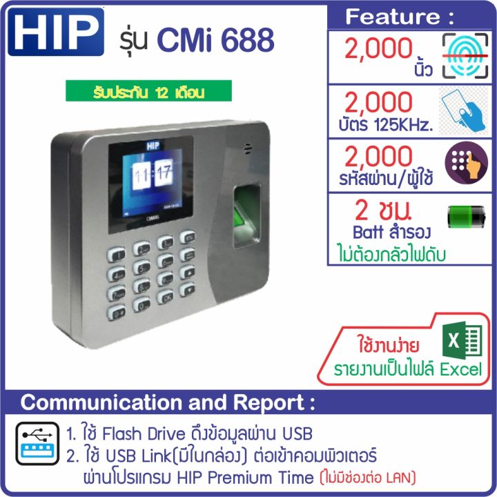 HIP CMi688 เครื่องสแกนลายนิ้วมือ มีแบตสำรองไฟ บันทึกเวลาทำงาน ใช้แทนเครื่องตอกบัตร ประกันศูนย์ ...