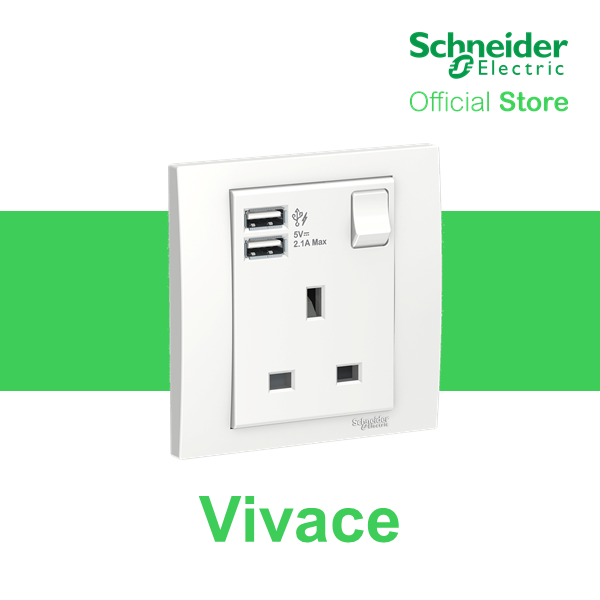 Schneider Electric Vivace 13A USB Switch Socket with 2.1A USB, White ...