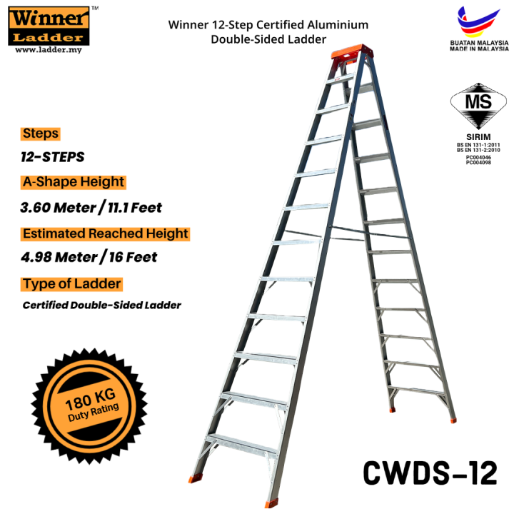Winner 12-Step Certified Aluminium Double-Sided Ladder (SIRIM) | Lazada