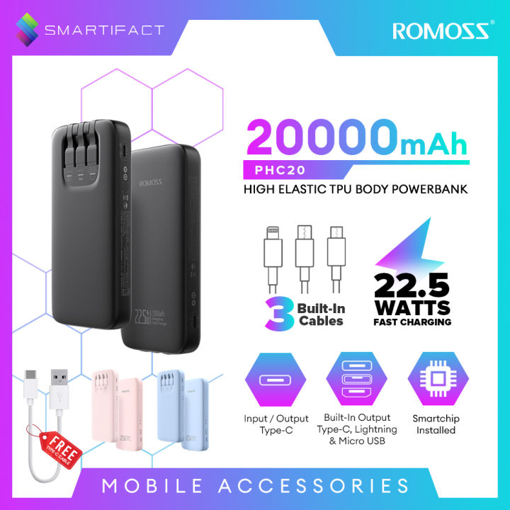 Romoss PHC20 22.5W 20000mAh Fast Charging PowerBank w/ 3 Built-In Cable TypeC/Lightning/Micro ...